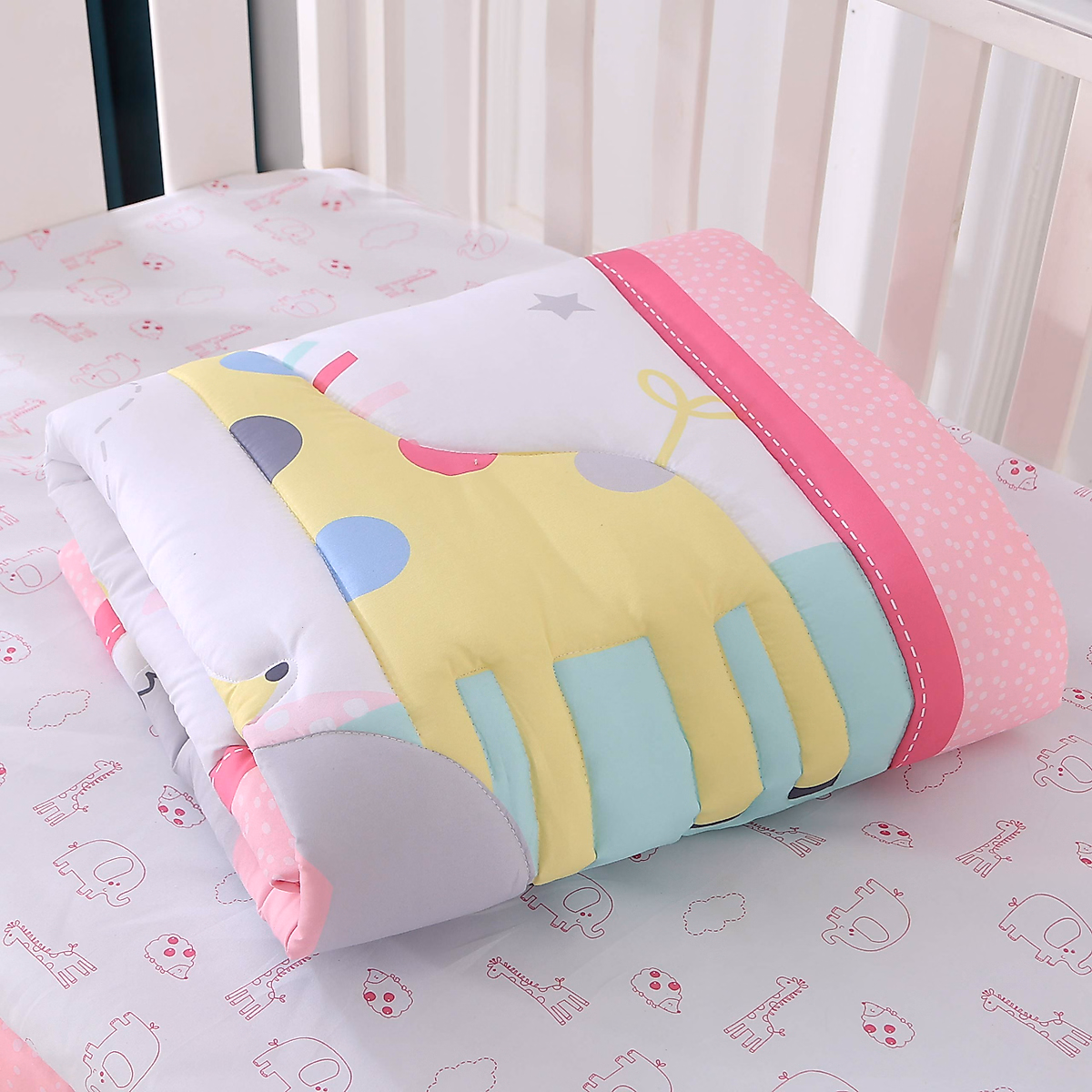 VIVILINEN Pink Elephant Crib Bedding Set for Girls 3 Pieces Giraffe Hedgehog Animals Infant Nursery Baby Crib Comforter Set with Crib Bed Blanket Quilt Fitted Sheet Skirt Set