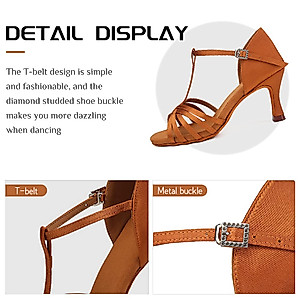 JUODVMP Women Latin Dance Shoes Brown Satin Ballroom Performance Salsa Tango Practice Dance Shoes 3inch High Heel Model WX217,8 US