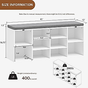 NUNU LAB Shoe Storage Bench, Shoe Bench with Removable Cushion, Storage Entryway Bench with 10 Cubbies, Space Saving Shoe Rack with Bench, 41 x 12 x 16.75 Inches, White Shoe Bench