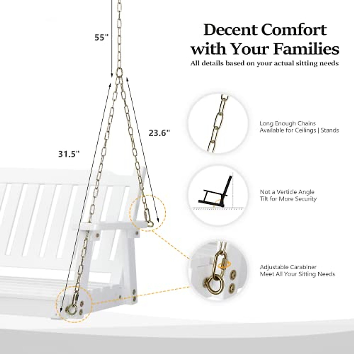 VINGLI Upgraded Heavy Duty 880 LBS 4 FT Patio Wooden Porch Swing Solid Fir Wood, Outdoor Handing Swing Bench for Garden | Yard | Balcony | Tree, White