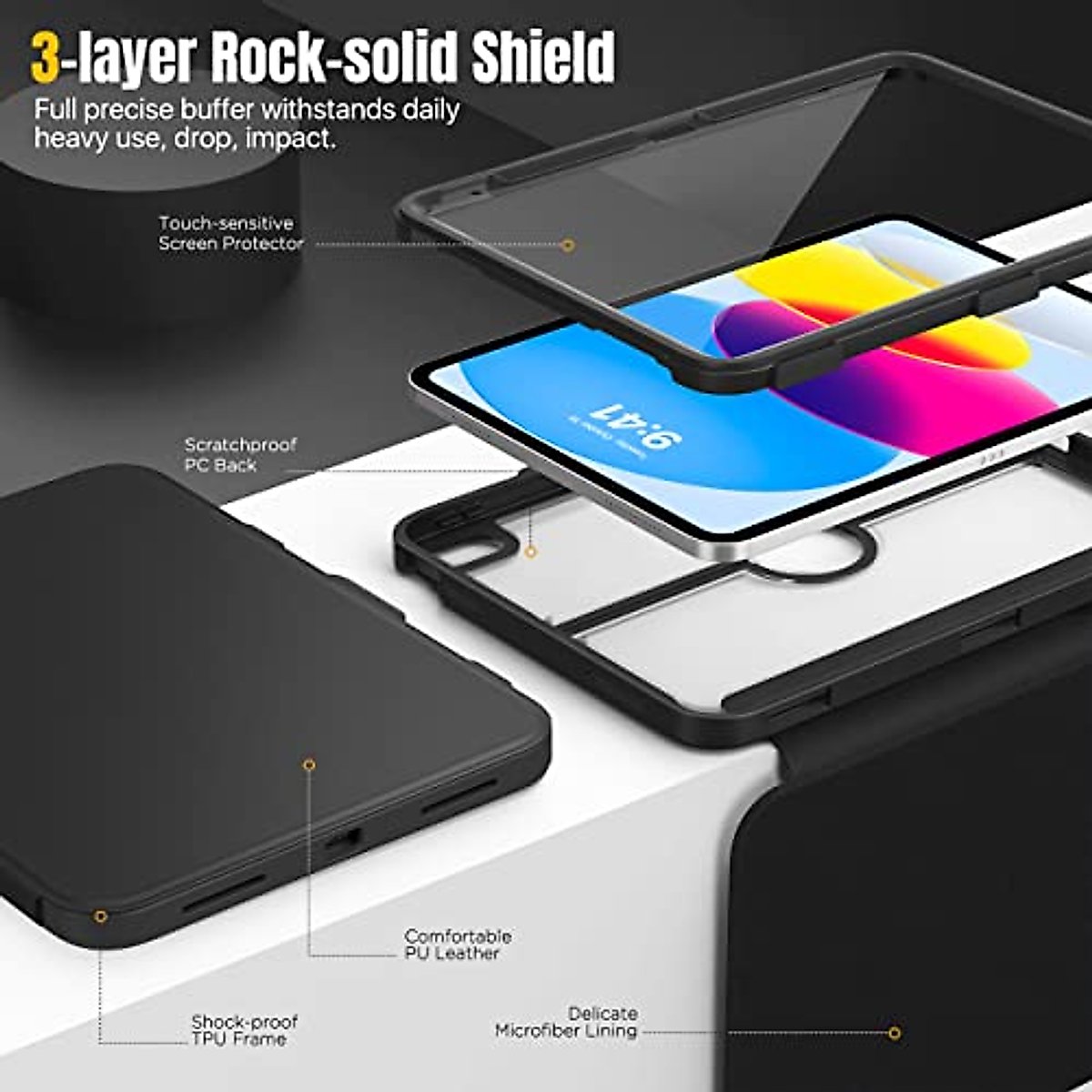 MoKo for iPad 10th Generation Case with Pencil Holder, iPad Case 10th Generation 2022 10.9", Built-in Screen Protector Clear Back, Stain Resistant Multi Angle Viewing Stand, Auto Wake/Sleep, Black