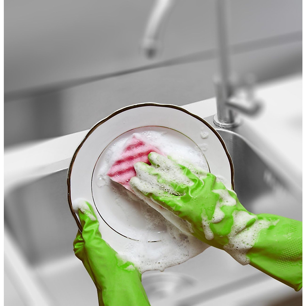 Cleanbear Synthetic Rubber Gloves, Medium Size, 11.8 Inches, 3 Pairs 3 Colors for Spring Cleaning, Dishwashing and Other Home Cleaning Use