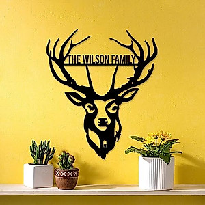 HUSSIO Personalized Deer Metal Wall Art With Led Lights, Custom Family Name Sign, Deer Decoration, Living Room Decor, Gift For Dad Deer Hunter Gift