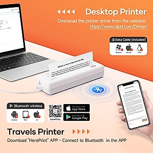 iDPRT MT890 Portable Wireless Printer - with Thermal A4 Paper, Bluetooth Inkless Printer for Travel/Home, Support US Letter&A4&A5 Size, Mobile Printer Compatible with iOS, Android & Laptop - White