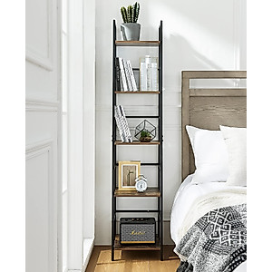 Pshelfy Bookshelf, 5-Tier Narrow Ladder Shelf Bookcase with Metal Frame, Freestanding Corner Rack Shelves for Small Spaces Display Storage Organizer Tall Skinny Shelf for Living Room Kitchen