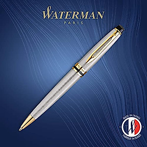 Waterman Expert Ballpoint Pen, Stainless Steel with 23k Gold Trim, Medium Point with Blue Ink Cartridge, Gift Box