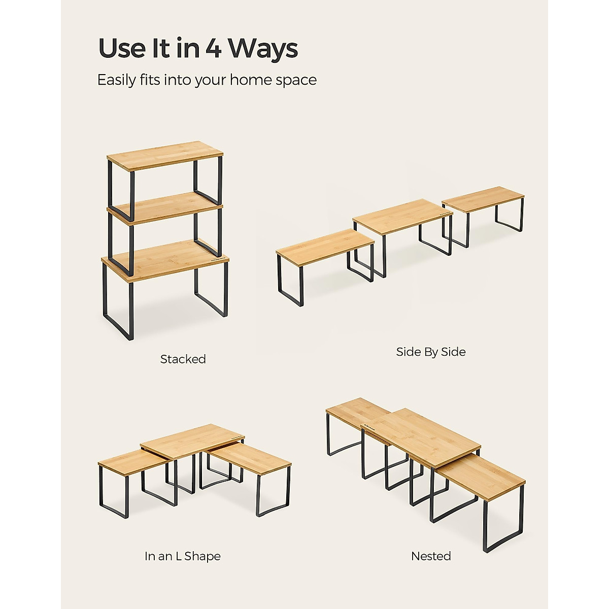 SONGMICS Cabinet Organizer Shelf, Set of 3 Kitchen Counter Shelves, Kitchen Storage, Spice Rack, Stackable, Expandable, Metal and Bamboo, Ink Black and Natural Beige UKCS014B01