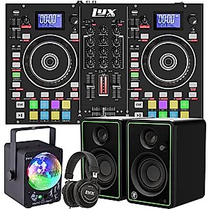 LyxJam 2-Deck DJ Controller, Mixing Console with LCD Display, with FREE Download for Virtual DJ LE, with CR3-X 50 watts Multimedia Monitors, Sound Activated DJ Light & Professional DJ Headphones