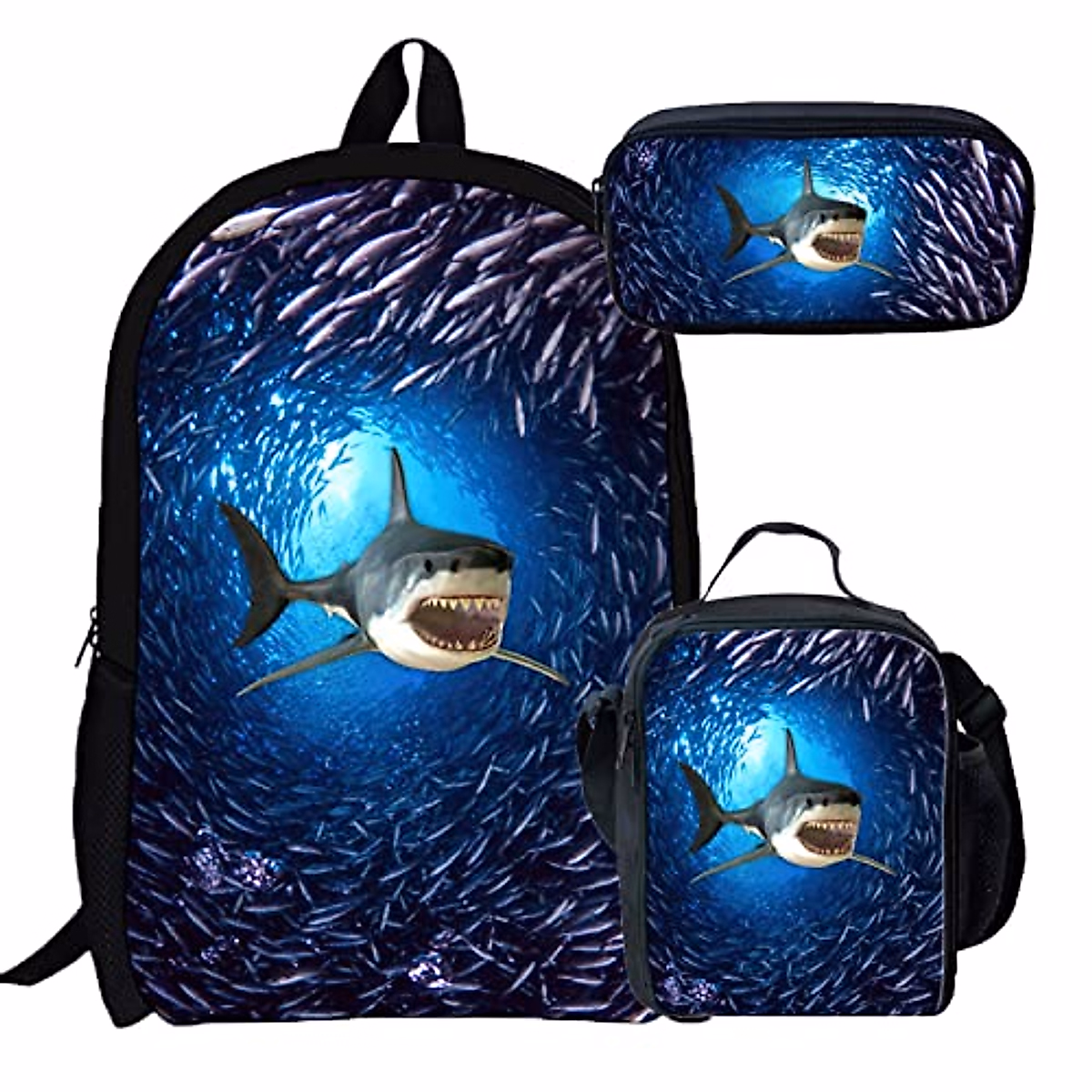 Wanyint Shark Animal Print School Backpack Blue Elementary Teen Kids Book Bags Lunchbox Pencil Case Pouch, Lightweight Back Pack Messenger Bag
