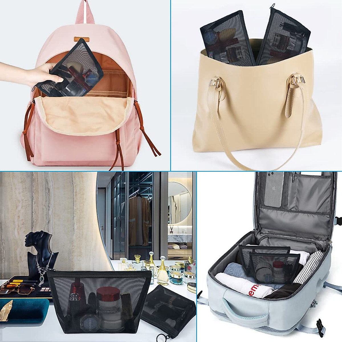 HRX Package Black Mesh Makeup Bag, 4pcs Travel Cosmetic Pouches with Zipper Toiletry Organizer Case for Purse Diaper Bag Tote Bag