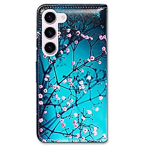 Bcov Galaxy S23 Case, Plum Blossom Flower Leather Flip Phone Case Wallet Cover with Card Slot Holder Kickstand for Samsung Galaxy S23