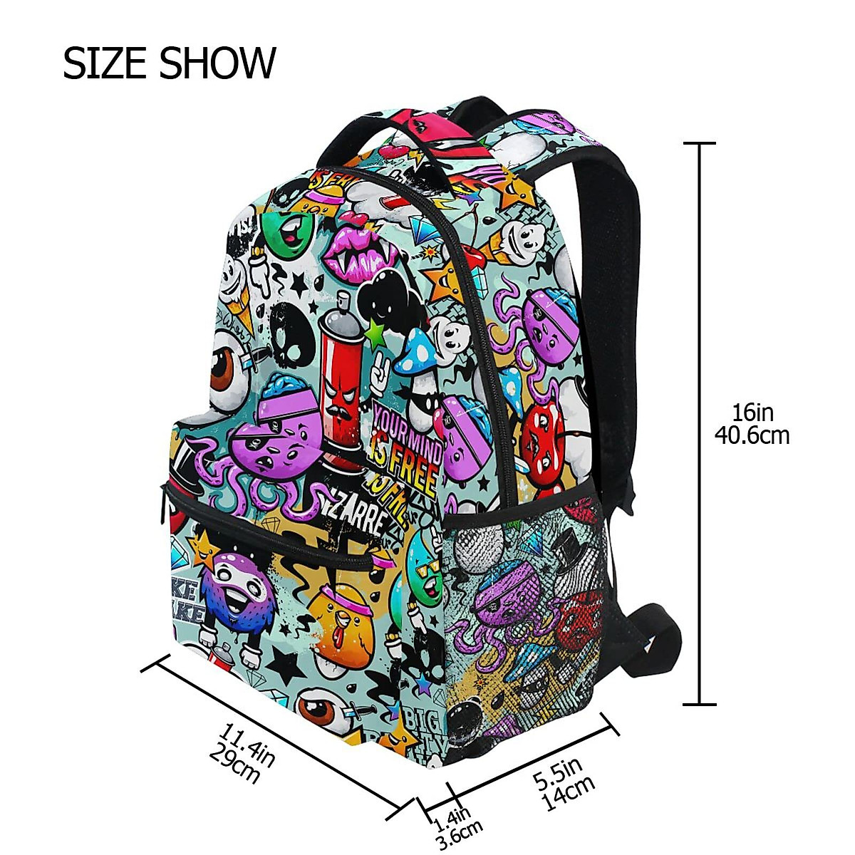Vnurnrn Kids Travel Backpack for Boys Girls, Coloured Graffiti Print Large Capacity with Name Tag Slot