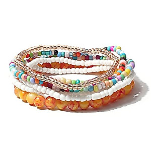 Fuqimanman2020 6pcs Bohemian Stackable Elastic Beaded Bracelet Set Multicolor Layered Seed Bracelets Summer Beach Holiday Jewelry-Yellow