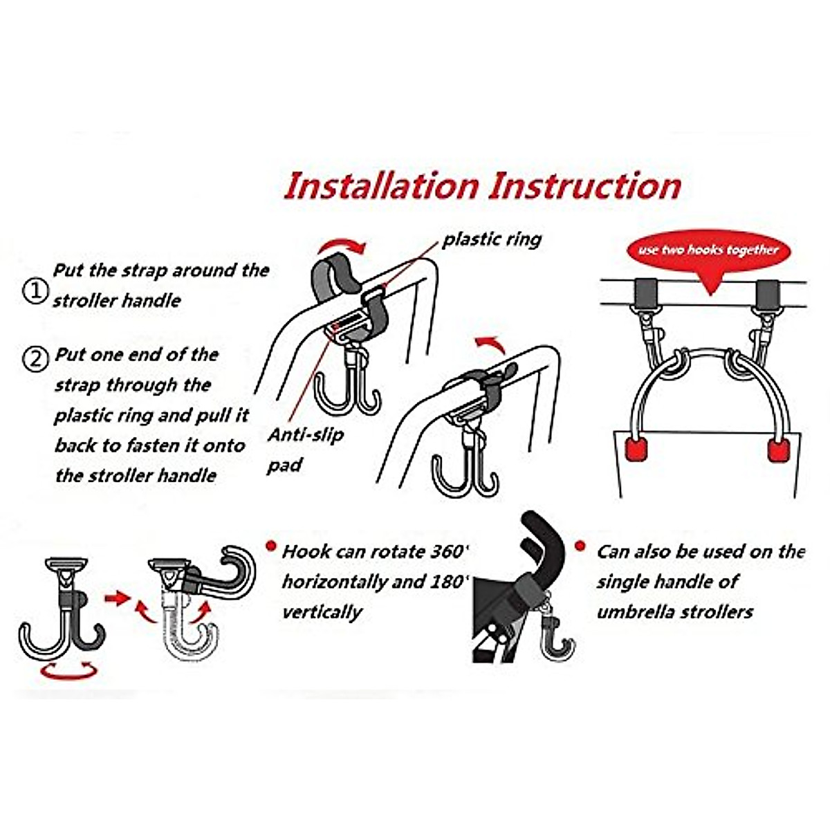 Mom's Best Baby Two Pack - New Durable Stroller Hooks with Secure Black Velcro Strap - 360 & 180 Degree Swivel Double Hook Design - Heavy Duty - 100% Guaranteed