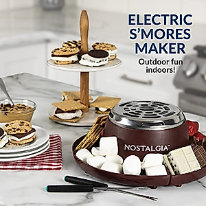 Nostalgia MyMini Electric S'mores Maker, Tabletop Indoor Machine with 4 Compartment Trays for Graham Crackers, Chocolate, Marshmallows, 2 Forks, Brown