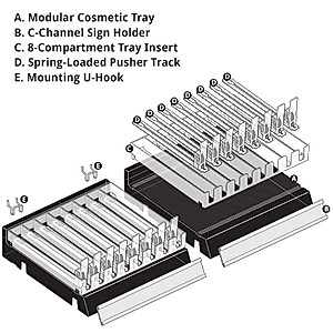Azar Displays 225830-8COMP-BLK 8 Compartment Divider Bin Cosmetic Tray with Pushers - 8 Slots per Tray, 2-Pack, Black