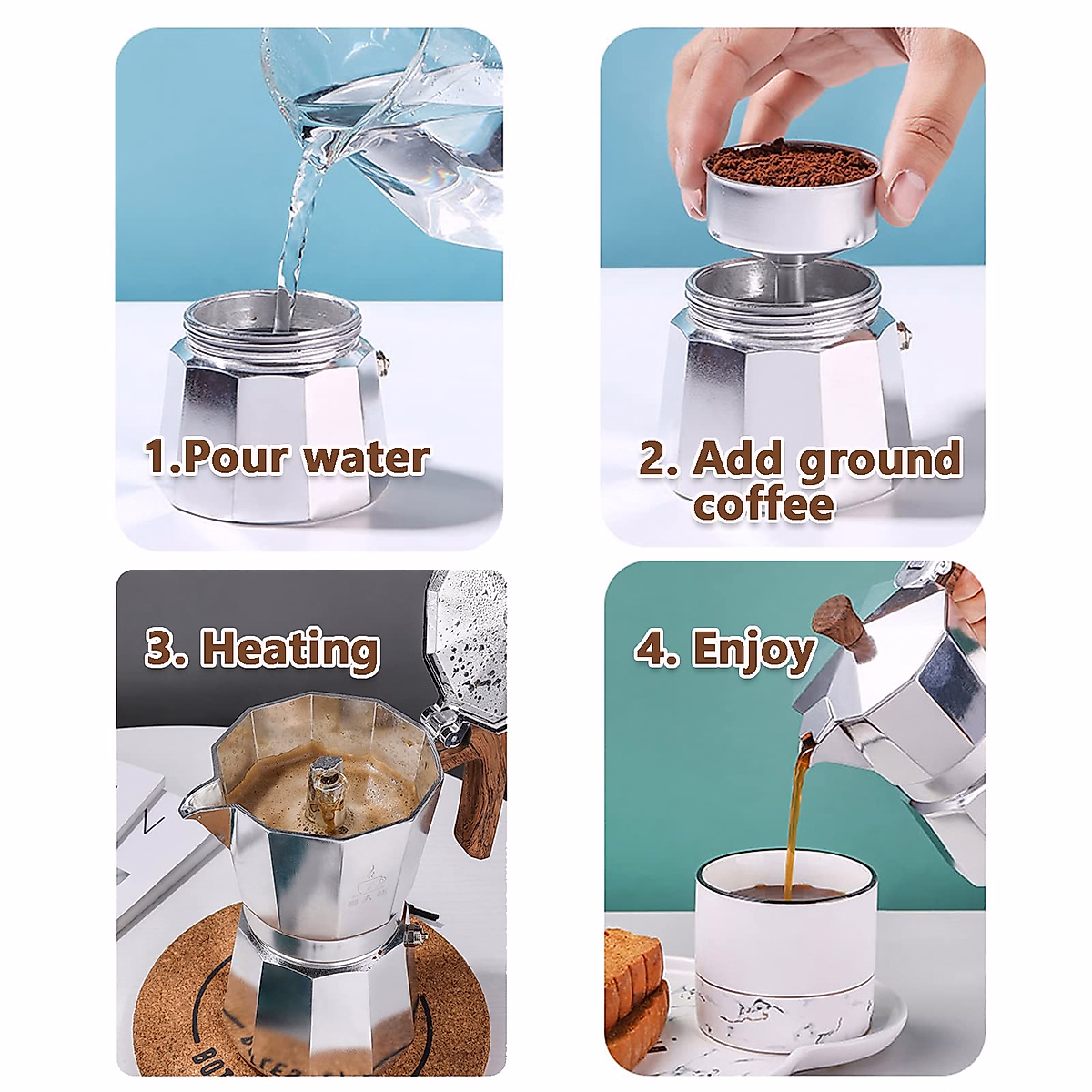 Moka Pot, Italian Coffee Maker, Coffee Pot 6 cup/10 OZ Stovetop Espresso Maker for Gas or Electric Ceramic Stovetop Camping Manual Cuban Coffee Percolator for Cappuccino or Latte