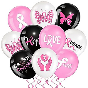 Tiamon 45 Pcs Breast Cancer Awareness Balloons Breast Cancer Party Supplies Pink White Black Balloons Pink Ribbons Latex Balloons for Pink Ribbon Charity Event Survivor Campaign Party Decorations