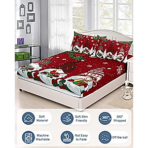Full Size Fitted Sheet Bed Set Christmas Dwarf Holly Cardinal Deep Pocket Soft Bottom Sheets&Pillowcases for Bedroom Decor Winter Snowflake on Red,Fits Mattress Up to 16" Deep