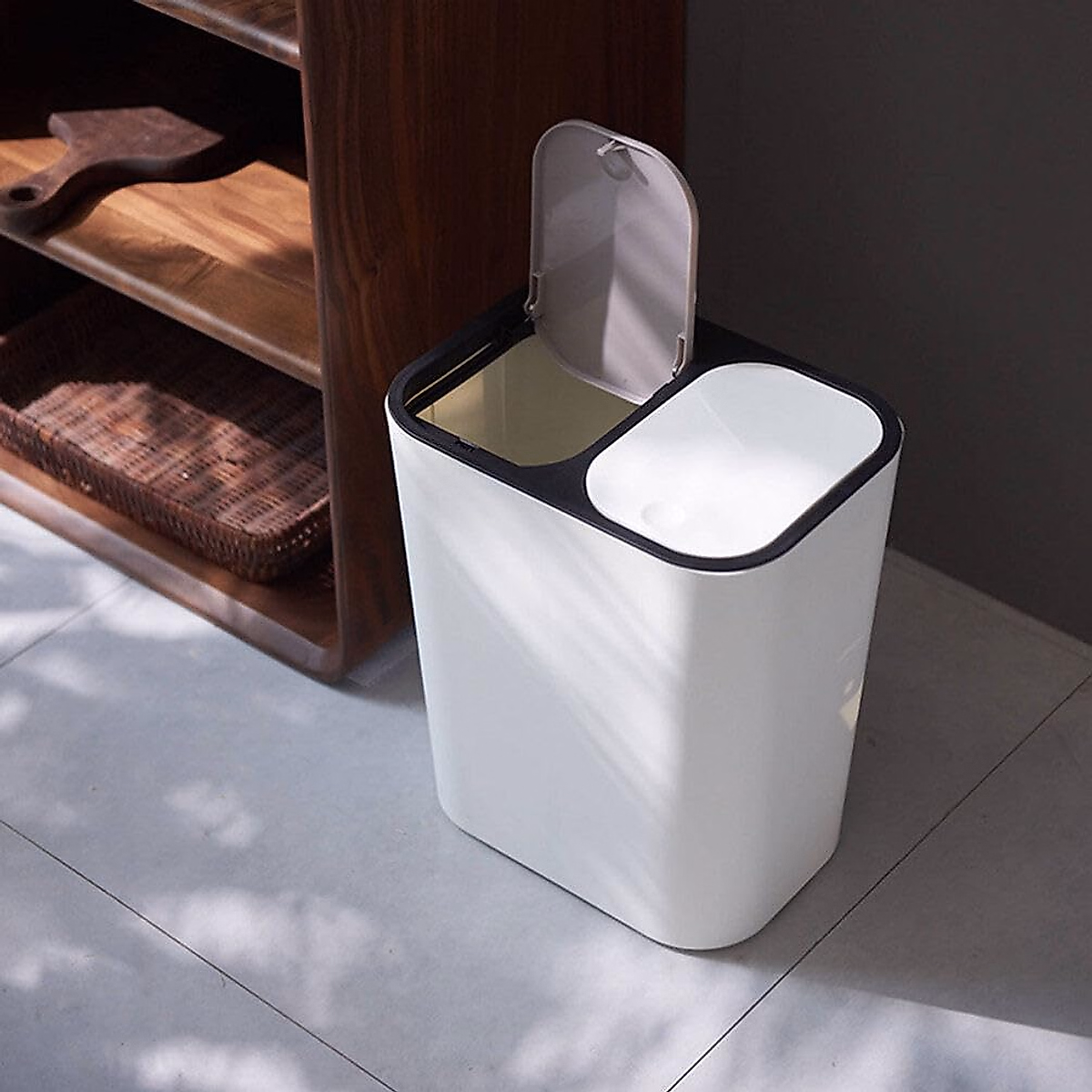 DEARMAMY Dual Trash Can, 2 Compartment Kitchen Garbage Can Plastic Dry and Wet Classified Recycling Bin Wastebasket Liter Bin Dustbin Rubbish Box Garbage Container for Home 15L