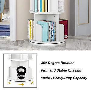 JoanKaren Rotating Bookshelf 51.2", White Wood Bookcase for Kids and Adults, 360 Display 4 Tier Small Corner Book Shelf Organizer, Floor Standing Storage Rack for Bedroom, Living Room, White