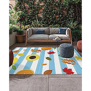 Outdoor Rug 5' x 8', Fall Pumpkin Sunflowers Large Area Rugs for Patio/RV/Deck/Porch/Indoors, Thanksgiving Harvest Blue Stripes Water Absorption Camping Rug Carpet, Lightweight Washable Rug Runners