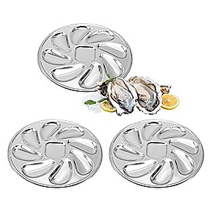 UOIENRT 3 Pack Oyster Plate, Stainless Steel 8 Slots Oyster Grill Pan with Center Slot Multi-Functional Grill Pan for Oysters and Scallop, Sauce and Lemon(Silver)