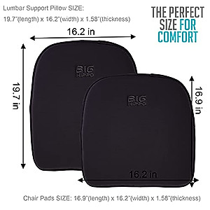 Big Hippo Chair Pads Memory Foam and Lumbar Support Pillow, Chair Seat Cushion Non Slip Rubber Back Thicken Chair Padding with Elastic Bands for Home Office Outdoor Seats (Black-Set of 2)