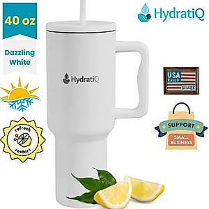 HydratiQ 40 oz Tumbler with Handle and Straw Spill Proof Insulated Water Bottle Leak Proof Stainless Steel Cup Holder Travel Mug Hot Cold Vaso Termico