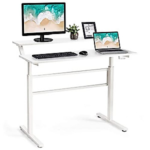 Tangkula Standing Desk, 2-Tier Height Adjustable Sit to Standing Desk, Computer Desk Workstation with Monitor Stand & Foldable Crank Handle, Ergonomic Home Office Desk (White)