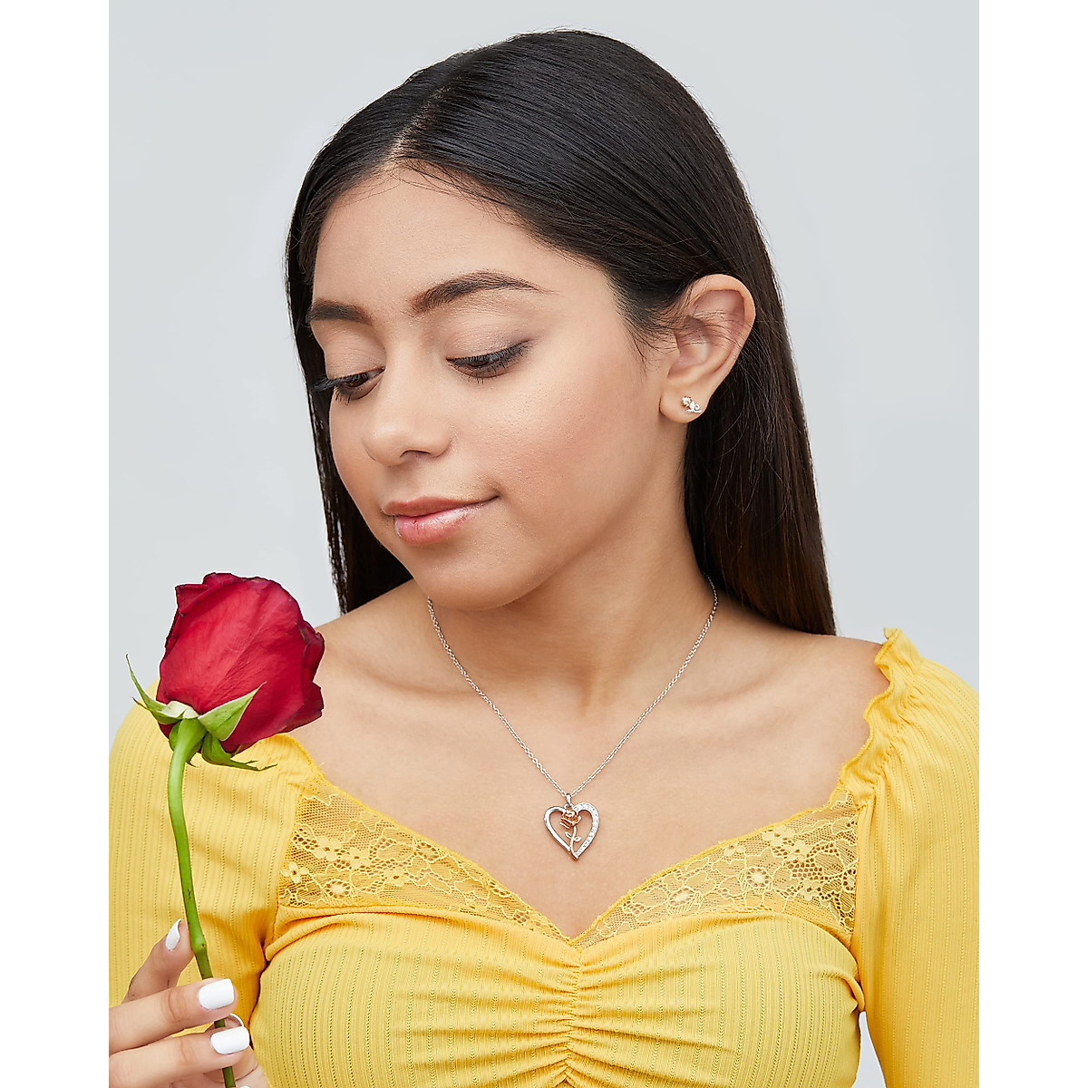 Disney Princess Beauty and the Beast Two Tone Necklace, Belle Rose Crystal Heart Pendant, 18"