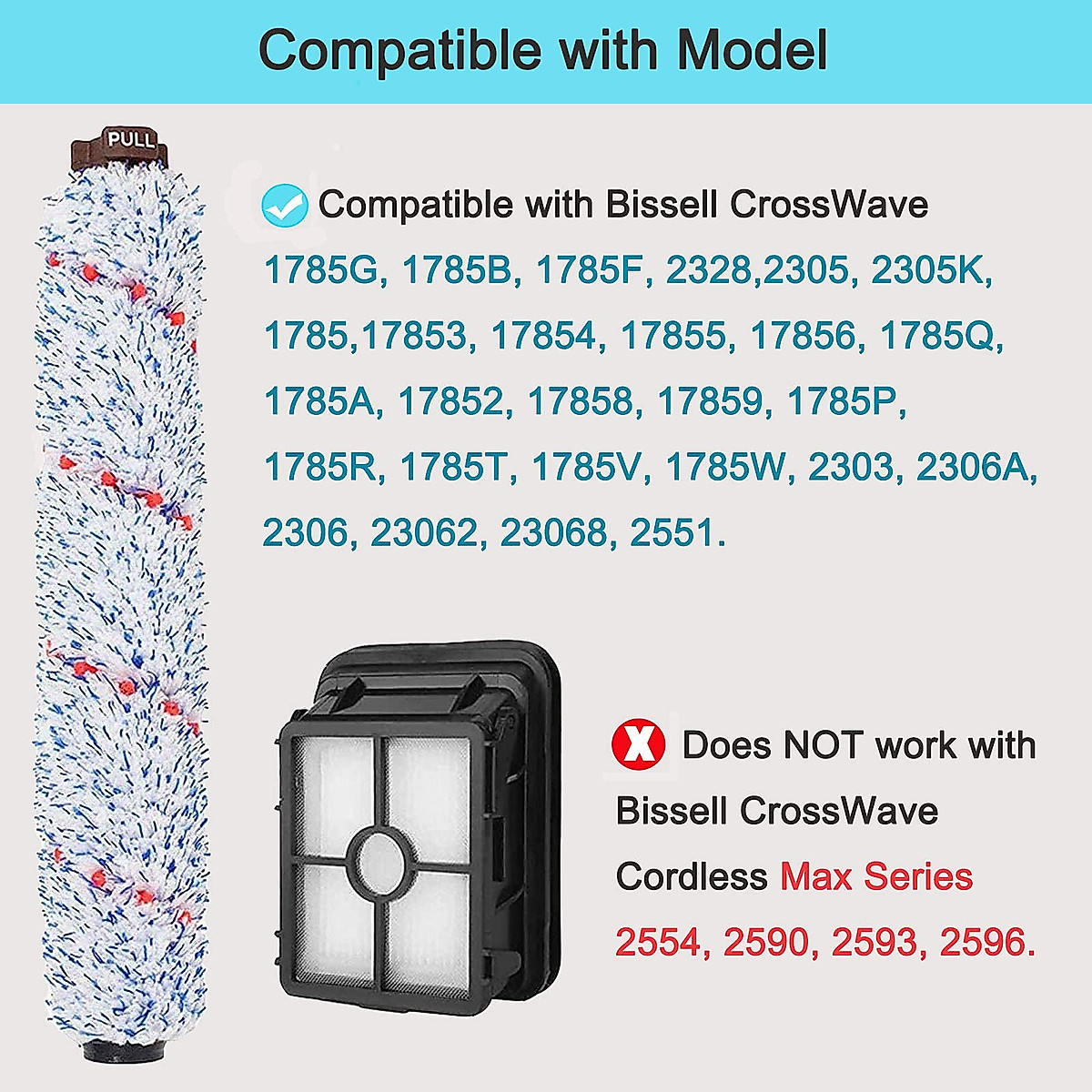 Bvhonwe 6 Pack Replacement Parts Compatible with Bissell CrossWave Vacuum Cleaner, 3 Pack Multi-Surface Brush Roll 1868 ,3 Pack Vacuum Filter 1866,Compare to Part 1608683, 160-8683, 1608684