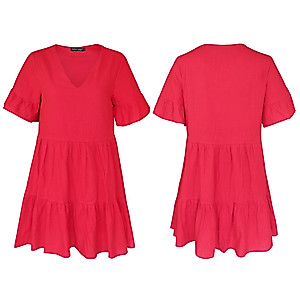 FANCYINN Women’s Red Cute Shift Tunic Dress Short Bell Sleeve V Neck Causal Swing Red Ruffle Mini Dress with Pockets M