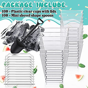 100 Pcs Square Dessert Cups with 100 Shovel Shape Dessert Spoon Clear Plastic Appetizer Cups with Lids Mini Parfait Cups Shovel Spoon for Party Favors, Desserts, Appetizers, Puddings, Yogurt (5.4 Oz)