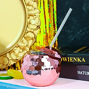 Ujuuu 4 Pieces Disco Ball Cups Disco Ball Tumbler Disco Flash Ball Cocktail Cup with Lid and Straw Party Supplies Wine Cocktail Drinking Syrup Tea Bottle (Pink), 20oz