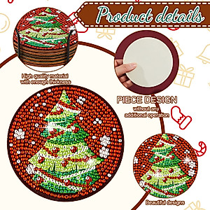Kajaia 6 Pcs Christmas Diamond Painting Coasters, Christmas Round Diamond Painting Coasters with Holder Xmas Christmas Diamond Art Kits for Beginner Adults Kids Christmas Table Decor Supplies