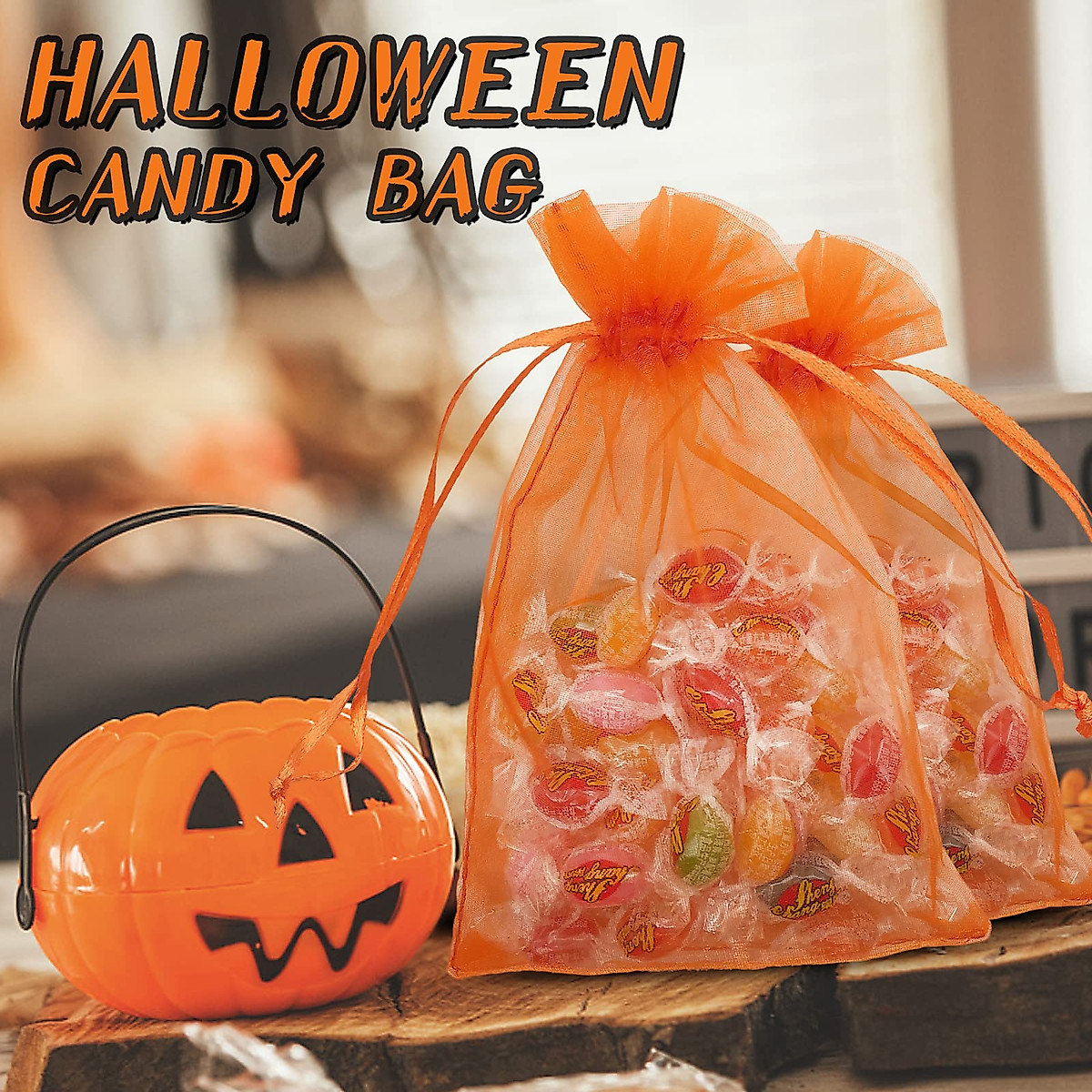 Jexila 100PCS Orange Organza Bags 4X6 Inch Halloween Goodie Candy Treat Bags Small Mesh Bags Drawstring Jewelry Gift Bags for Wedding Party Favor Pouches