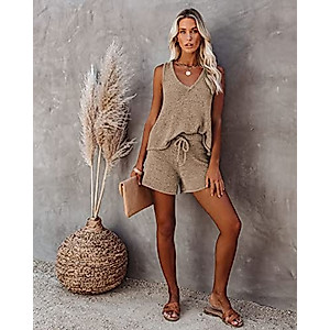 Ekouaer Womens Fashion Knit Pajama Set 2 Piece Outfits V-Neck Sleeveless Tank Top and Drawstring Shorts Lounge Set Tracksuit