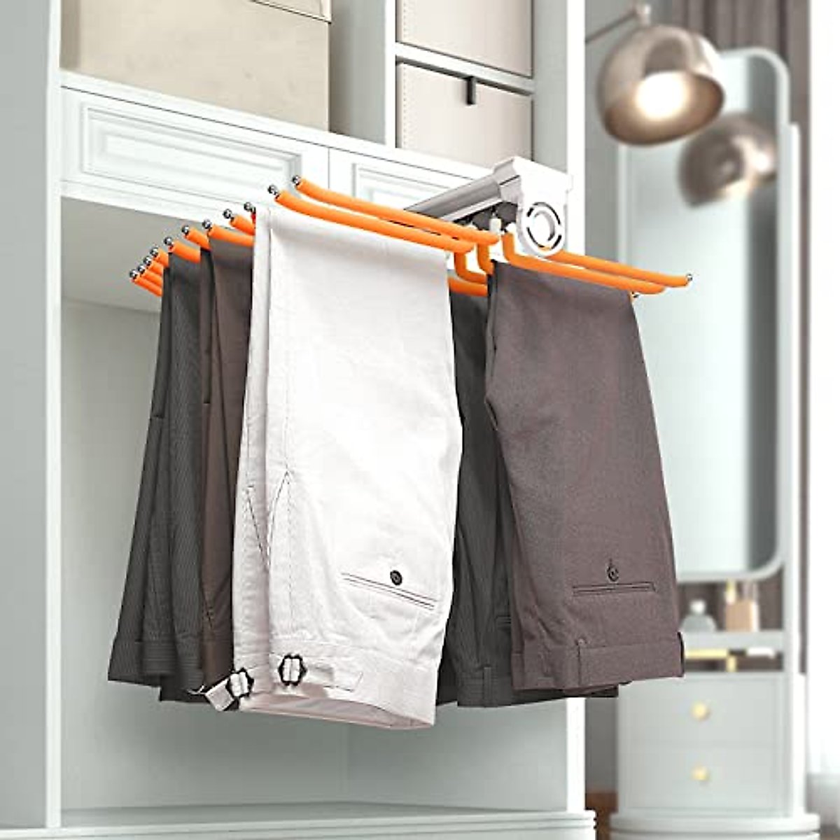 Pull Out Pants Rack for Closet 22 Arms, Pull Out Trousers Rack, 22.8”x18.1”x5.1”, Multi Functional Pull Out Pants Hanger Organizers, Dampening Buffer Sliding Rail, Maximum Load 33lbs, Orange