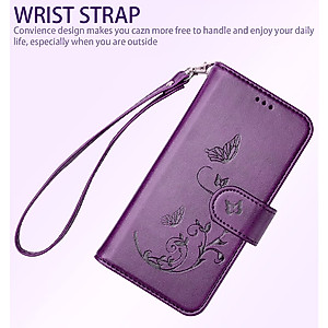 WaterFox iPhone XR Wallet Case with 4 Card Holder for Women, Detachable Cover Flip Folio PU Leather Wrist Strap Removable Magnetic Kickstand with Floral Flower Design for Girls - Purple