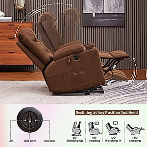 CDCASA Power Lift Recliner Chair for Elderly Electric Massage Sofa with Heated,Side Pockets,Cup Holders, USB Ports, Remote Control,Fabric Living Room Reclining Bed, Brown