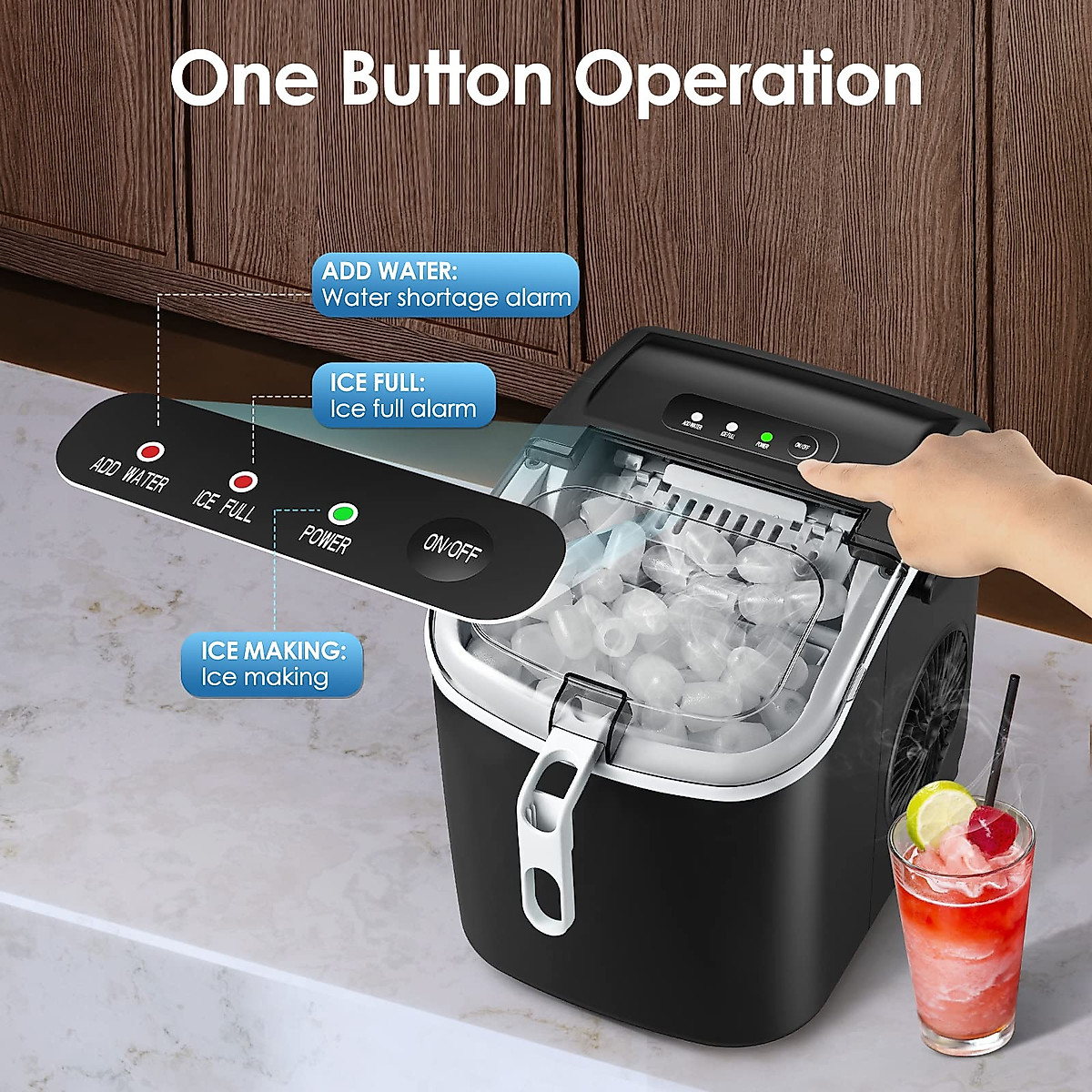 FREE VILLAGE Countertop Ice Maker, Portable Ice Maker w/Handle, 6 Mins 9 Pcs Ice, 26 lbs Ice/24Hrs, Self-Cleaning, w/Ice Bags, Scoop & Basket, Ice Machine for Home/Kitchen/Office/Party, Black