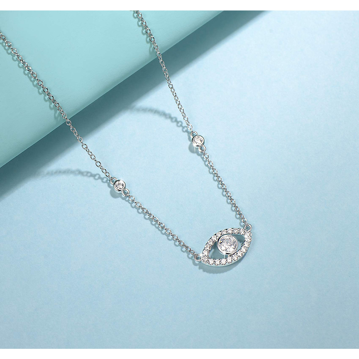 FANCIME Sterling Silver Evil Eye Necklace Cubic Zirconia Pendant Necklace Yom Kippur Lucky Fine Jewelry for Women 16 + 2 inch Extender