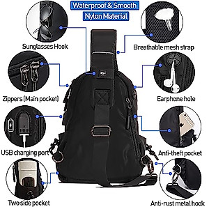 Small Black Sling Crossbody Backpack Shoulder Bag for Men Women, Waterproof Lightweight One Strap Backpack Sling Bag Backpack for Hiking Walking Biking Travel Cycling USB Charger Port-Nylon