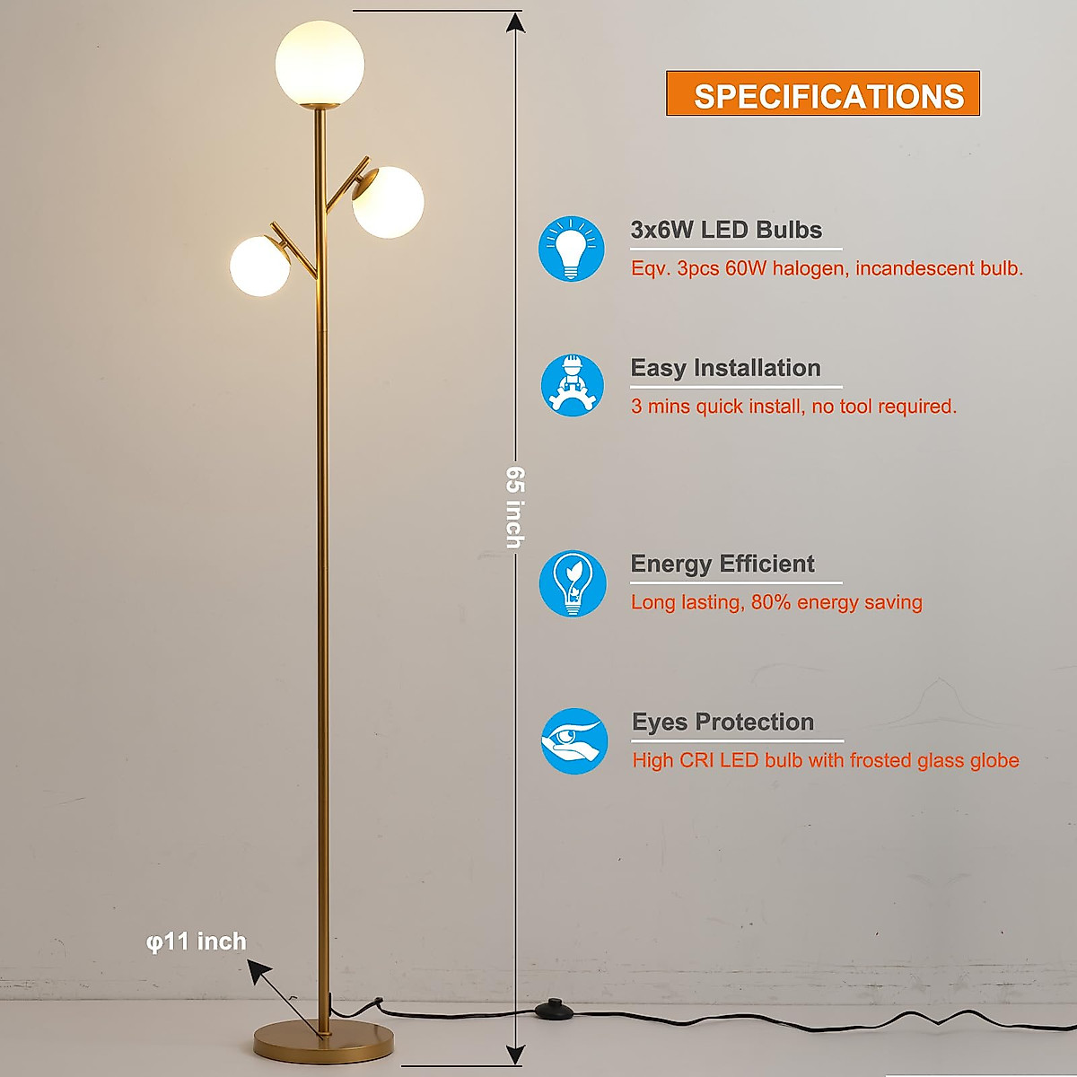 Fiqevs 3 Globe Gold Mid Century Floor Lamp, Modern Standing Lamp with Frosted Glass Shade & 3pcs Warm White LED Bulbs, Contemporary Tall Tree Lamp for Living Room, Bedroom - Antique Brass