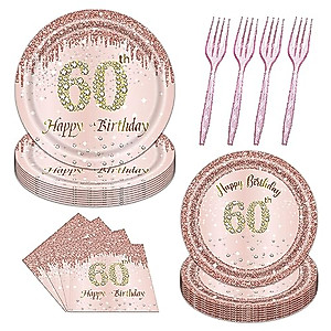 96PCS 60th Birthday Party Tableware Set 60th Birthday Party Supplies 60th Birthday Plates and Napkins 60th Birthday Party Decorations for Women Pink Rose Gold Birthday Plates Napkins Forks Serve 24