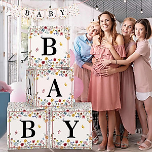 Heboland Wildflower Baby Shower Decorations Baby Boxes with Letters, 4 Pcs Baby in Bloom Thickend Cardstock Blocks Baby Banner, Box Clear Stickers for Girls Party Decor