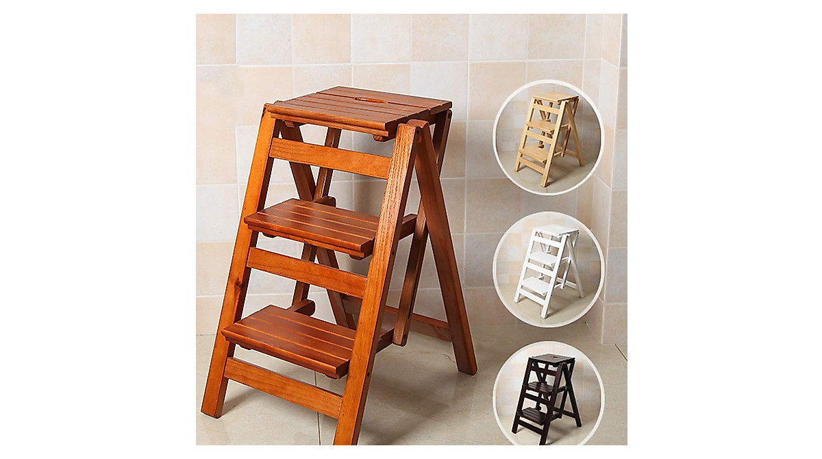 Multi-Functional Folding Wooden Ladder Stool - Space-Saving Step Ladder