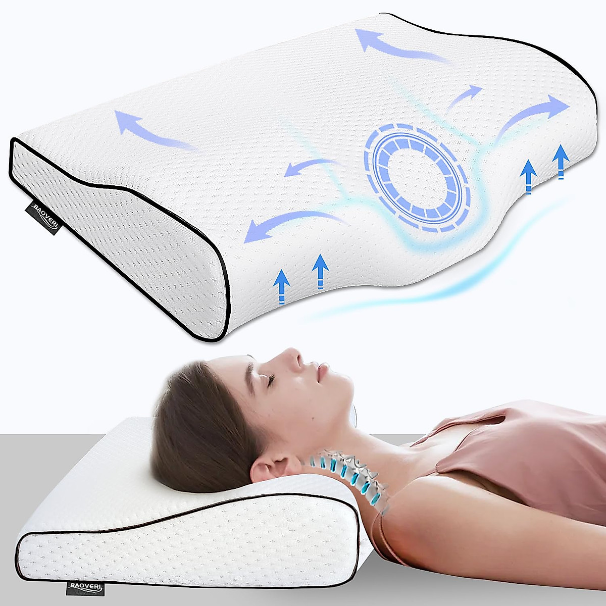 BAOVERI Memory Foam Pillow, Cervical Pillow for Neck Pain Relief, Ergonomic Bed Pillow for Side, Back and Stomach Sleepers, Standard Size