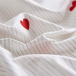 LRJKUAJ Bedding Duvet Cover Set,Modern Red Small Heart Striped Pattern White Washed Full Cotton Quilt Covers with 2 Pillowcases Zipper Closure Ties (King (U.S. Standard))